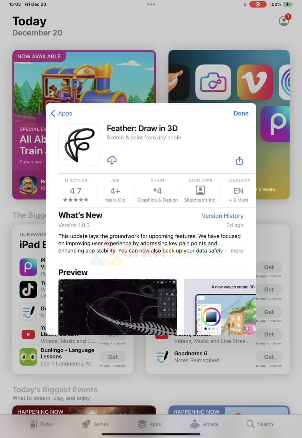 Tài khoản tải Feather: Draw in 3D full tính năng trên iPad